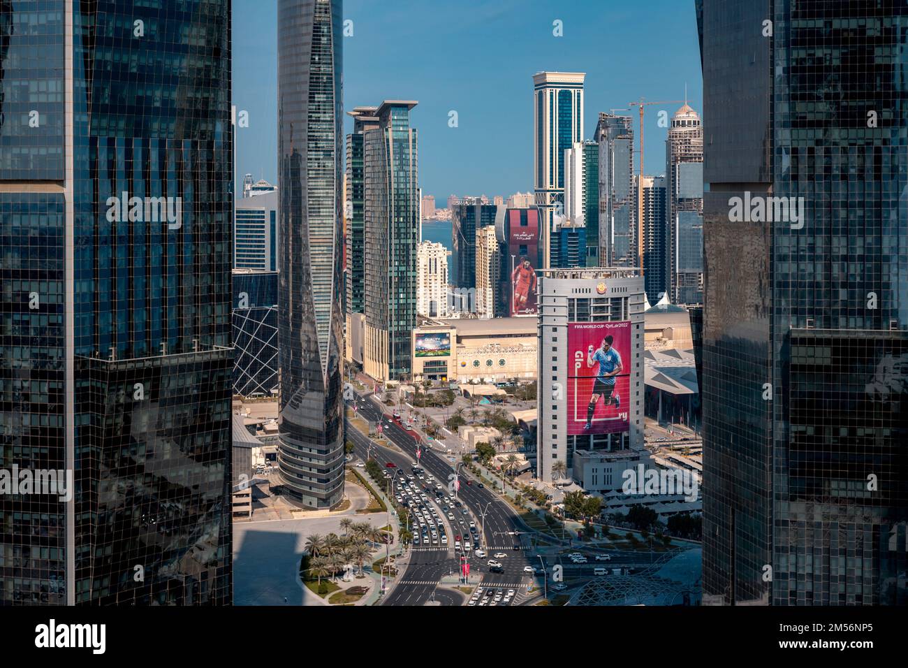 An aerial view of busy streets and skyscrapers in Doha, Qatar Stock ...