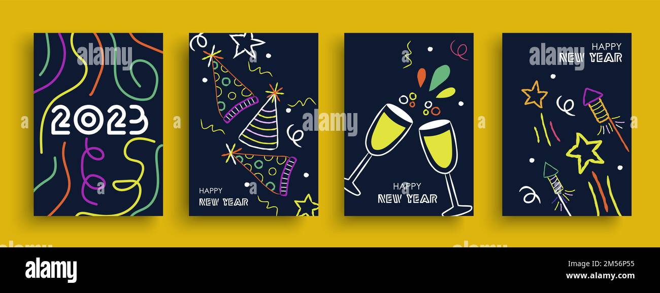 Happy New Year 2023 colorful hand drawn cartoon set illustration ...