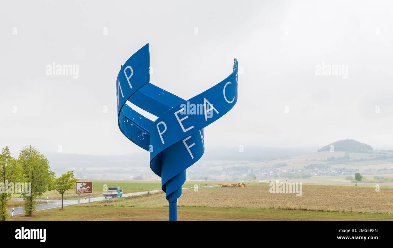 Geisa, Germany - September 14, 2022: Sculpture memorial with text peace ...