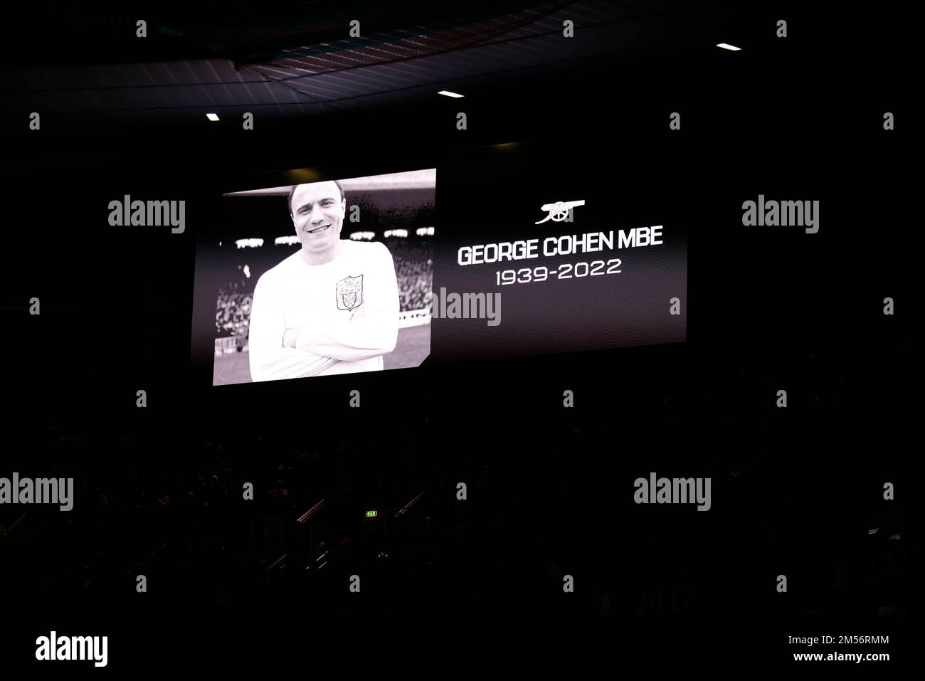 The big screen displays a message in memory of George Cohen before the ...