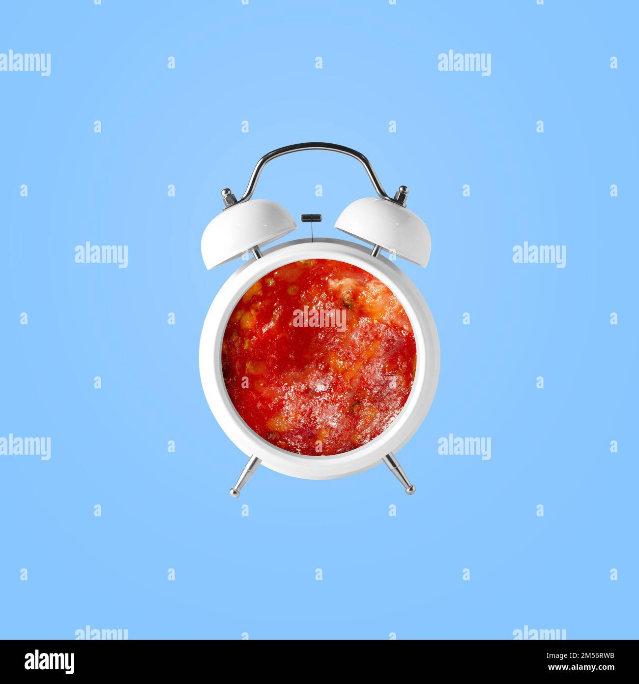 Modern art collage. Salami pepperoni as a clock, alarm clock. Modern ...