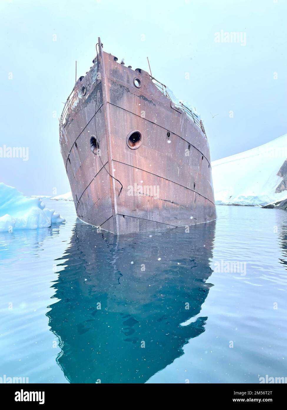 A vertical shot of the wrecked governoren ship on the surface of the ...