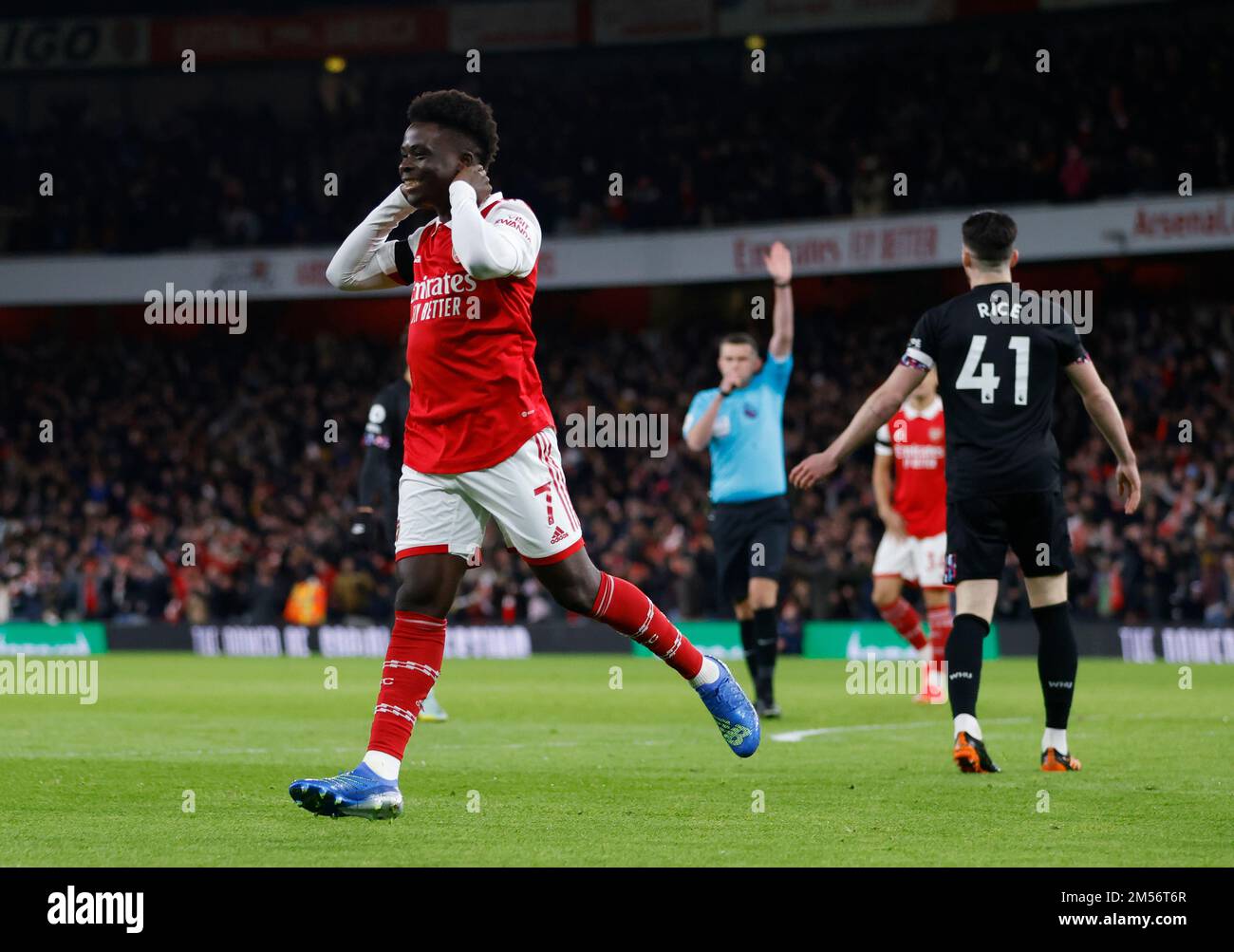 Arsenal's Bukayo Saka celebrates scoring but his goal is ruled out for ...