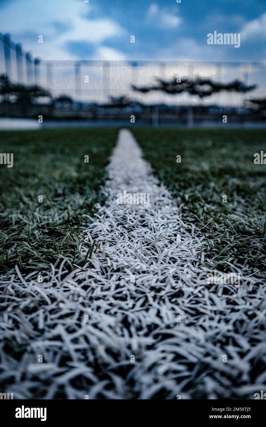 A vertical closeup of a football field's white line Stock Photo - Alamy