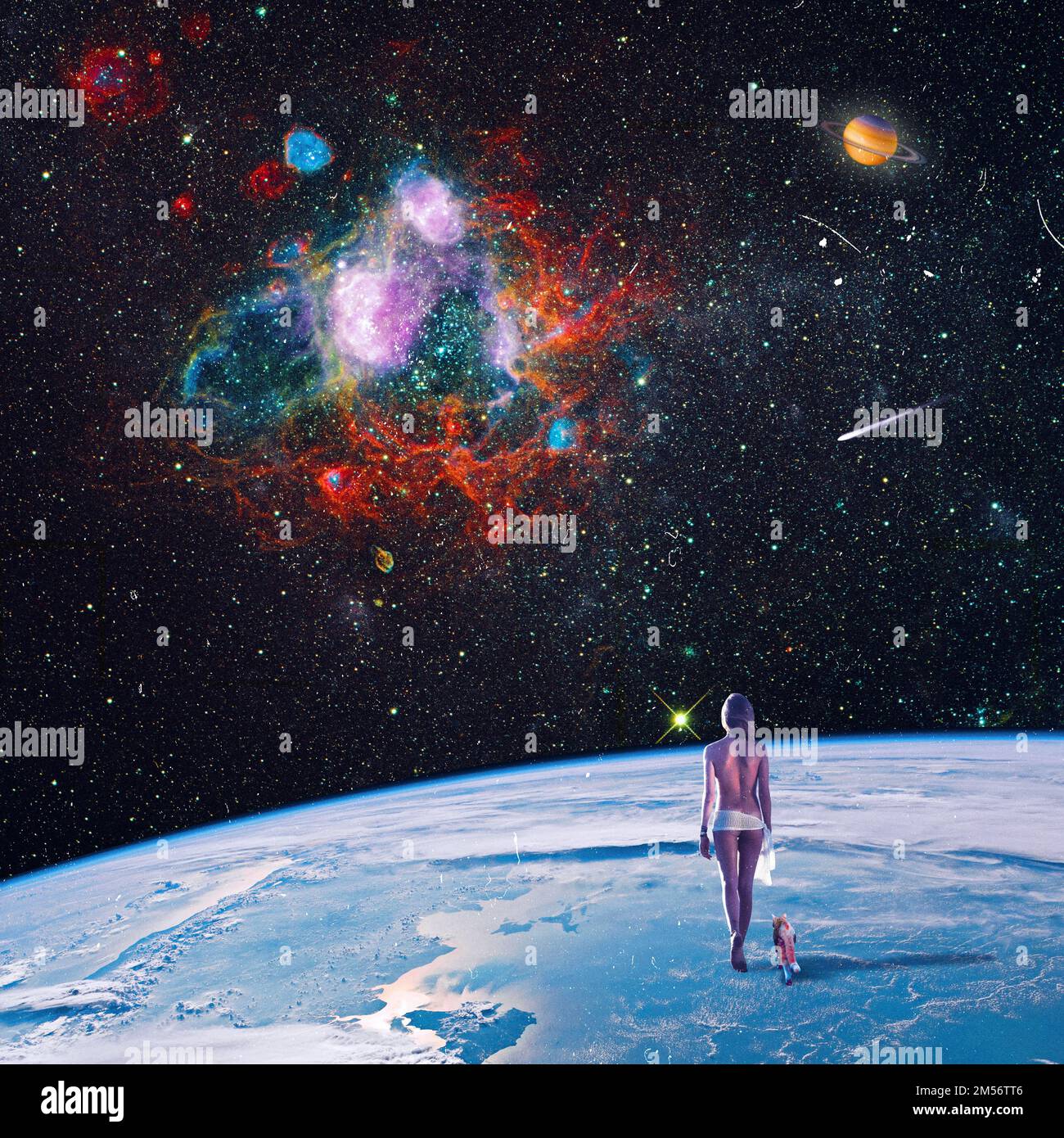 Beautiful fancy woman with cat entering universe on Planet Earth Stock ...