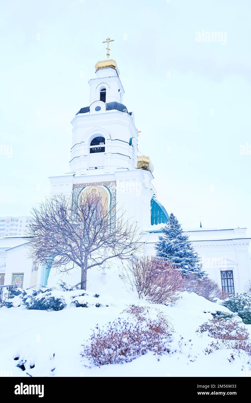 Orthodox Christian Church on the background of light blue sky and white ...