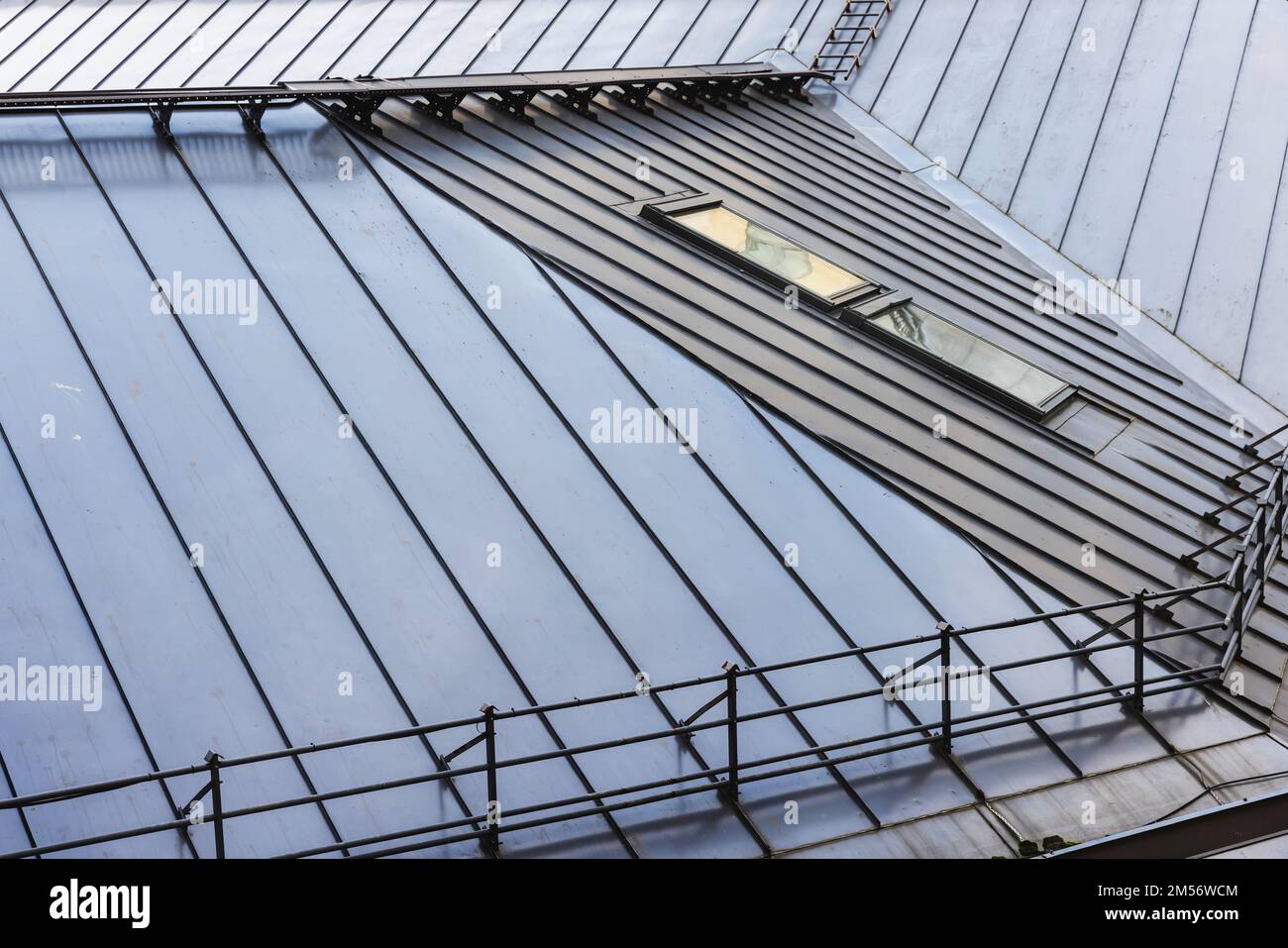 Shiny metal roof with railings and attic windows, modern architecture ...