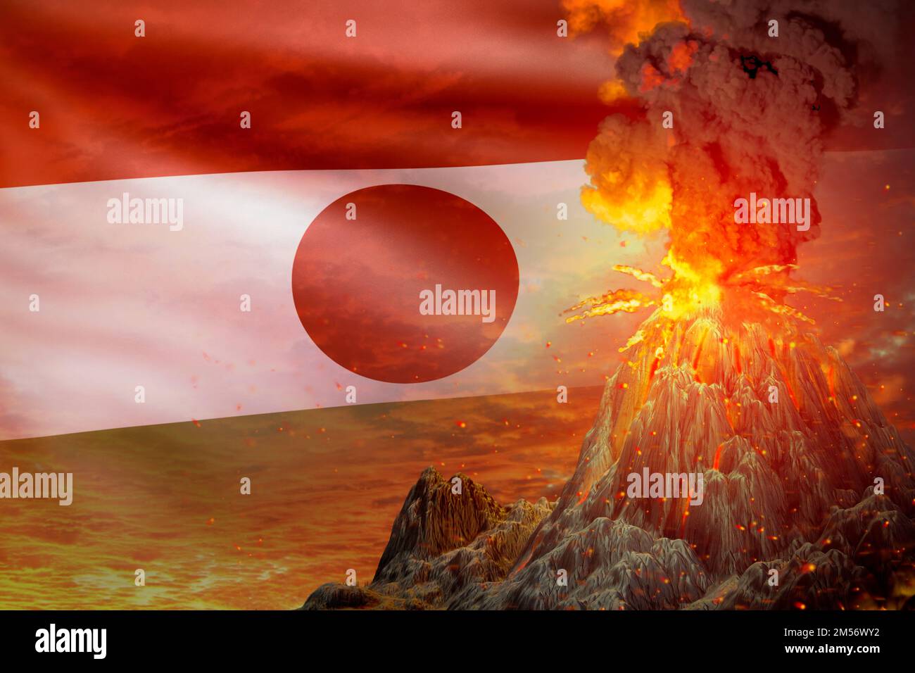 big volcano blast eruption at night with explosion on Niger flag ...