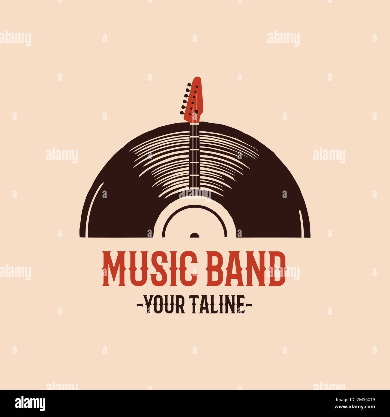 Music band logo template with guitar and vynil plate. Disco 80s emblem ...