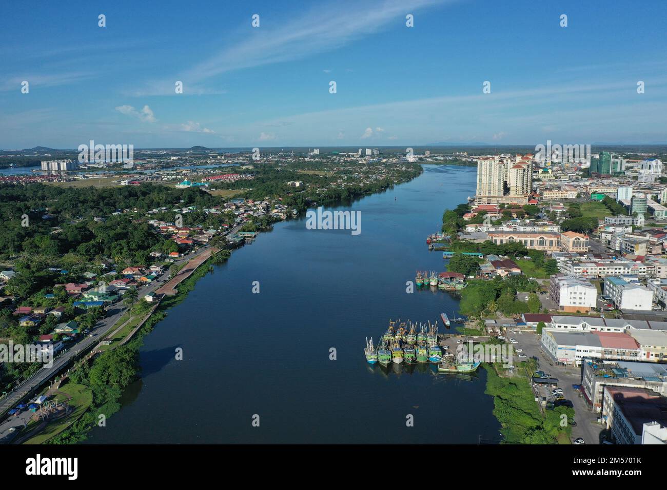 Drone photo of Sarawak River with buildings and hotels in Kuching ...