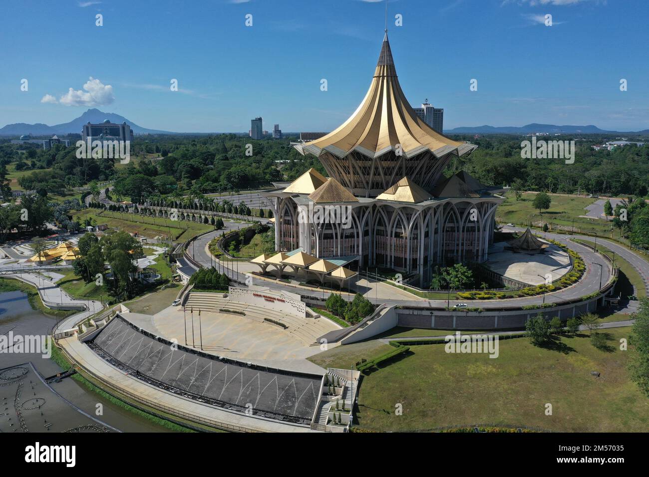 Sarawak New Parliament building with bronze dragon statue in Kuching ...
