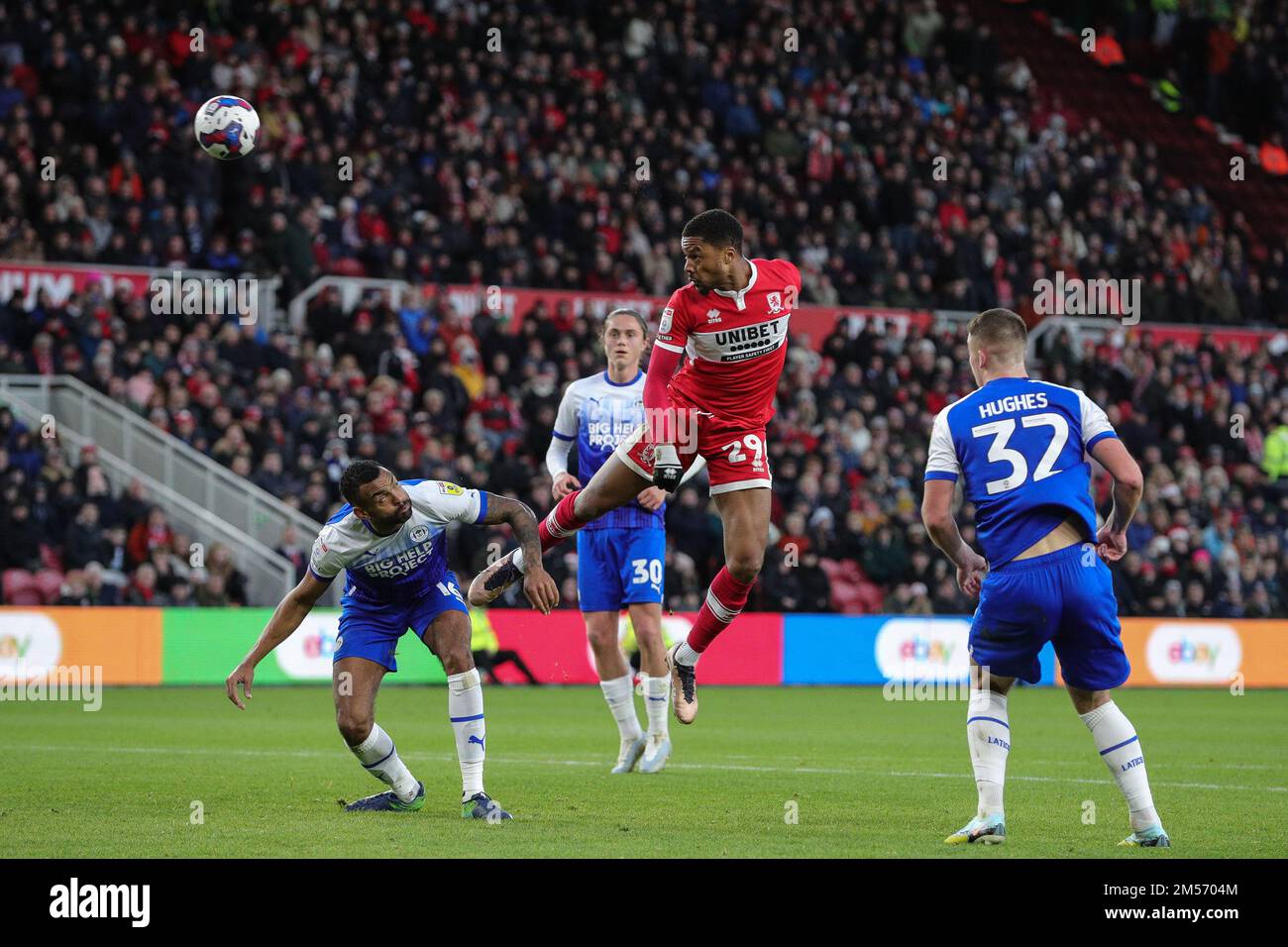 Chuba Akpom #29 of Middlesbrough heads the ball at goal but goes wide ...