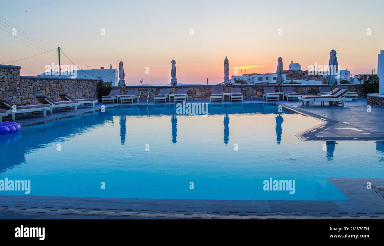 A typical pool in Mykonos next to a small hotel is one of the Greek ...