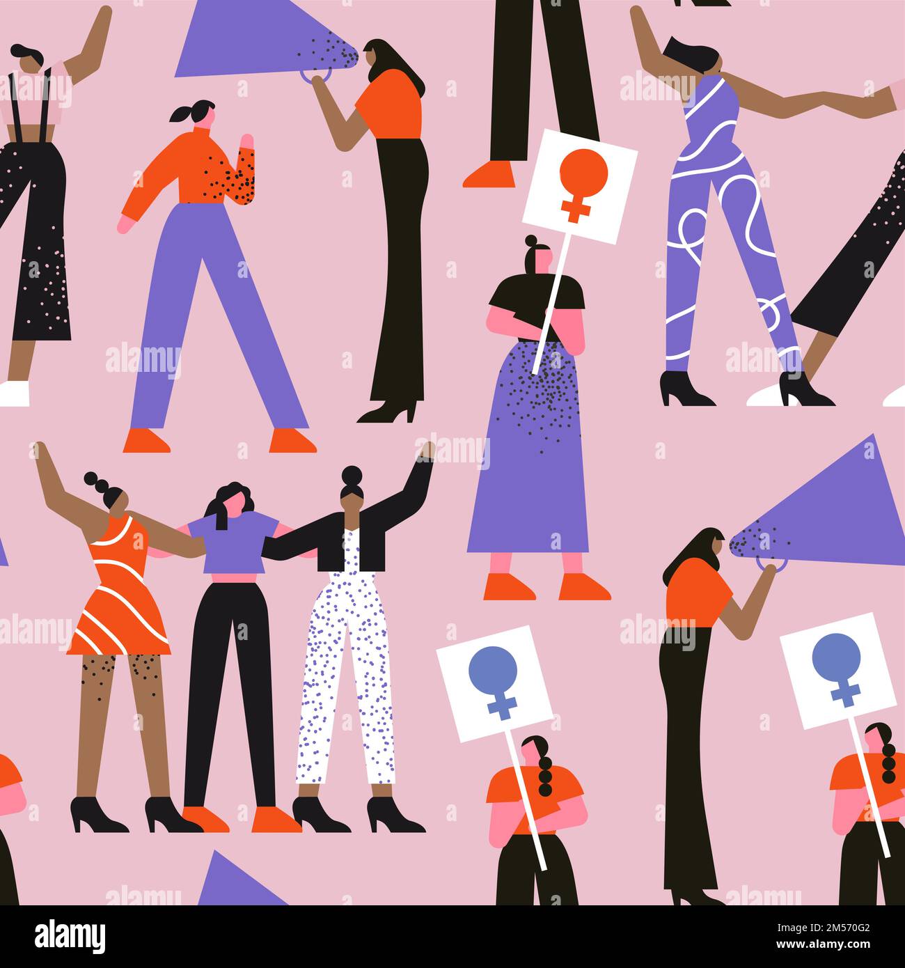 Diverse women together, flat cartoon seamless pattern for women's day ...