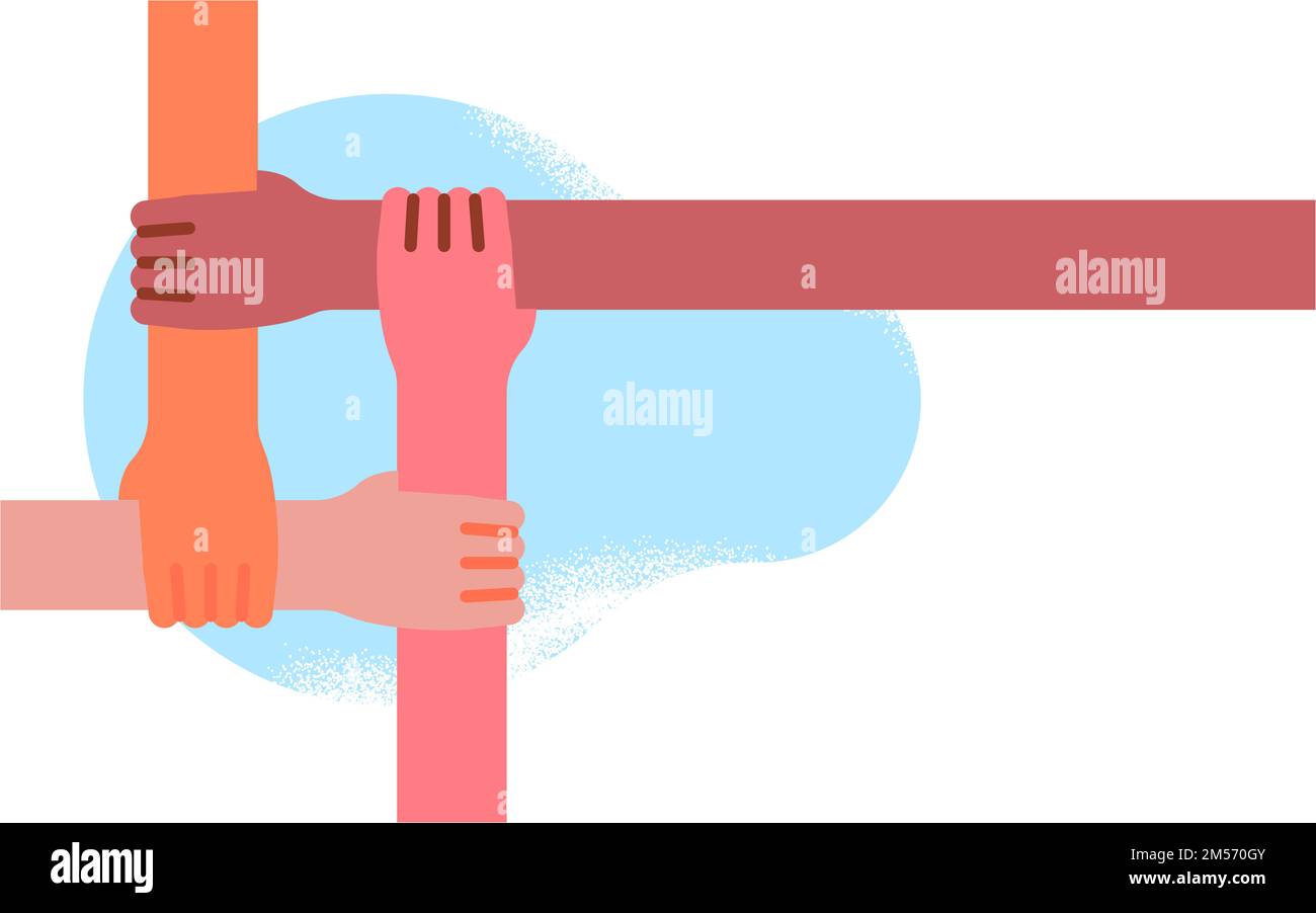 Diverse team hands holding each other arms together. Modern flat ...