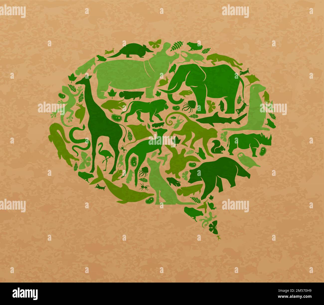 Green animal icon shapes set illustration on recycled paper texture ...