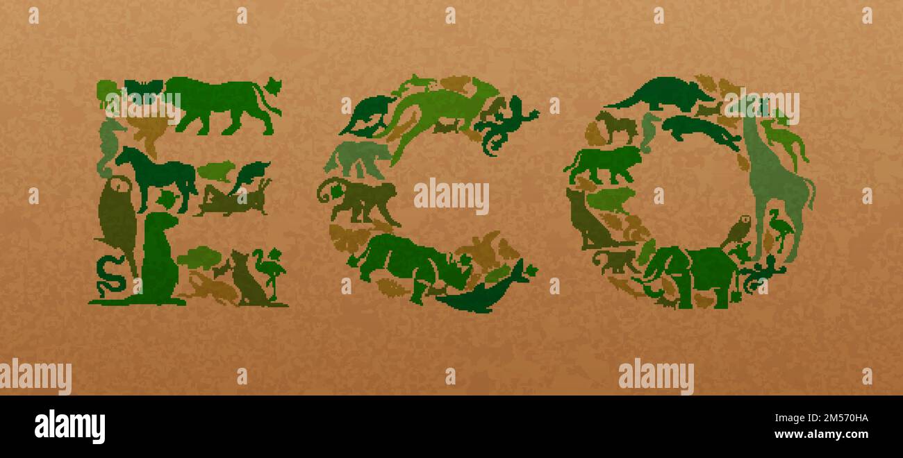 Green animal icon shapes set illustration on recycled paper texture ...