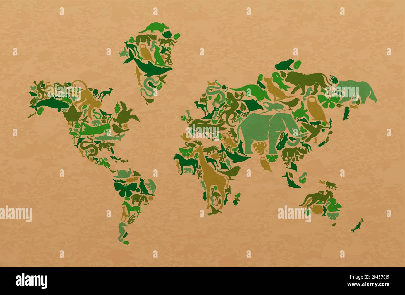 Green animal icon shapes set illustration on recycled paper texture ...