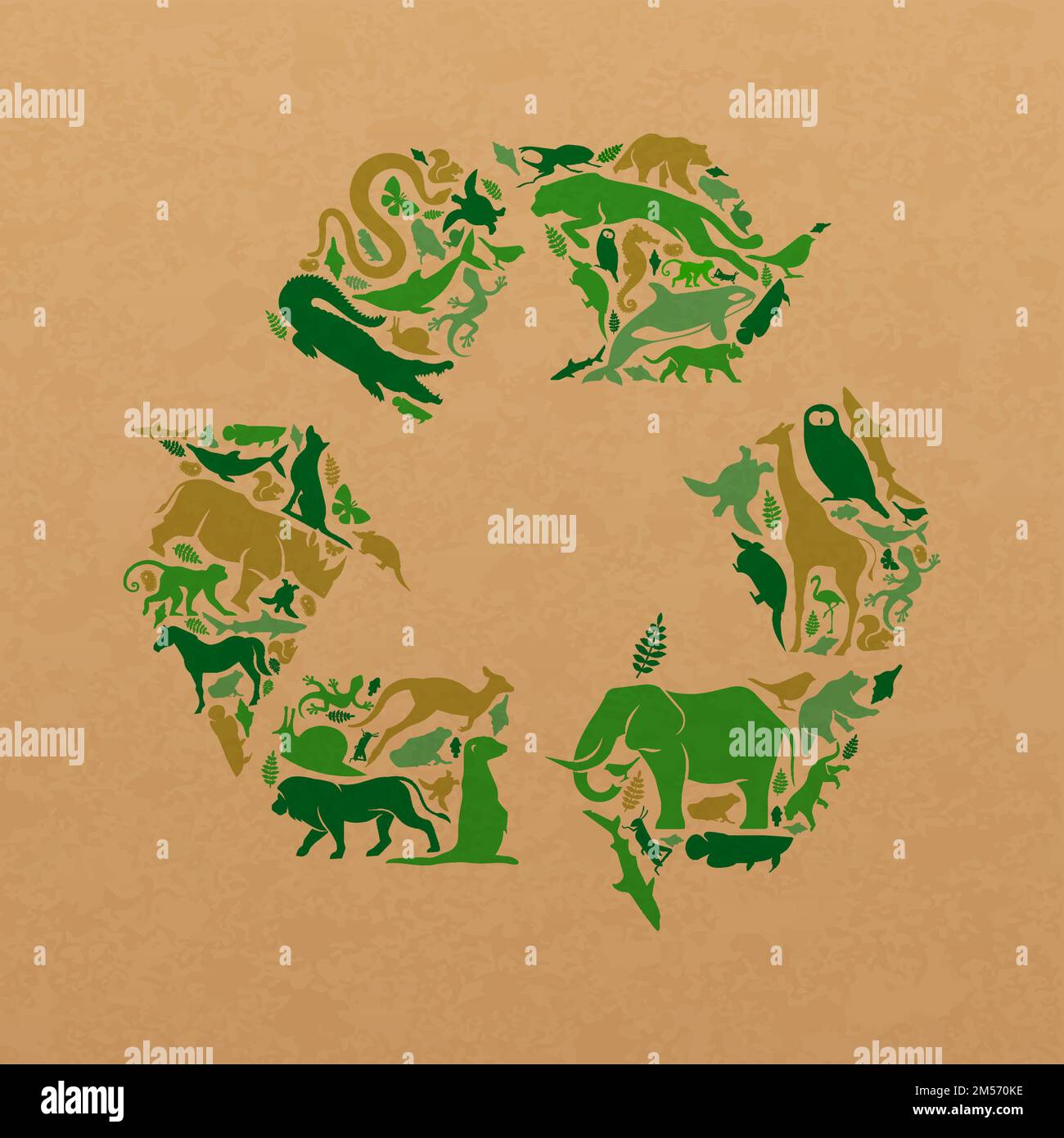 Green animal shape icon set illustration on recycled paper texture ...