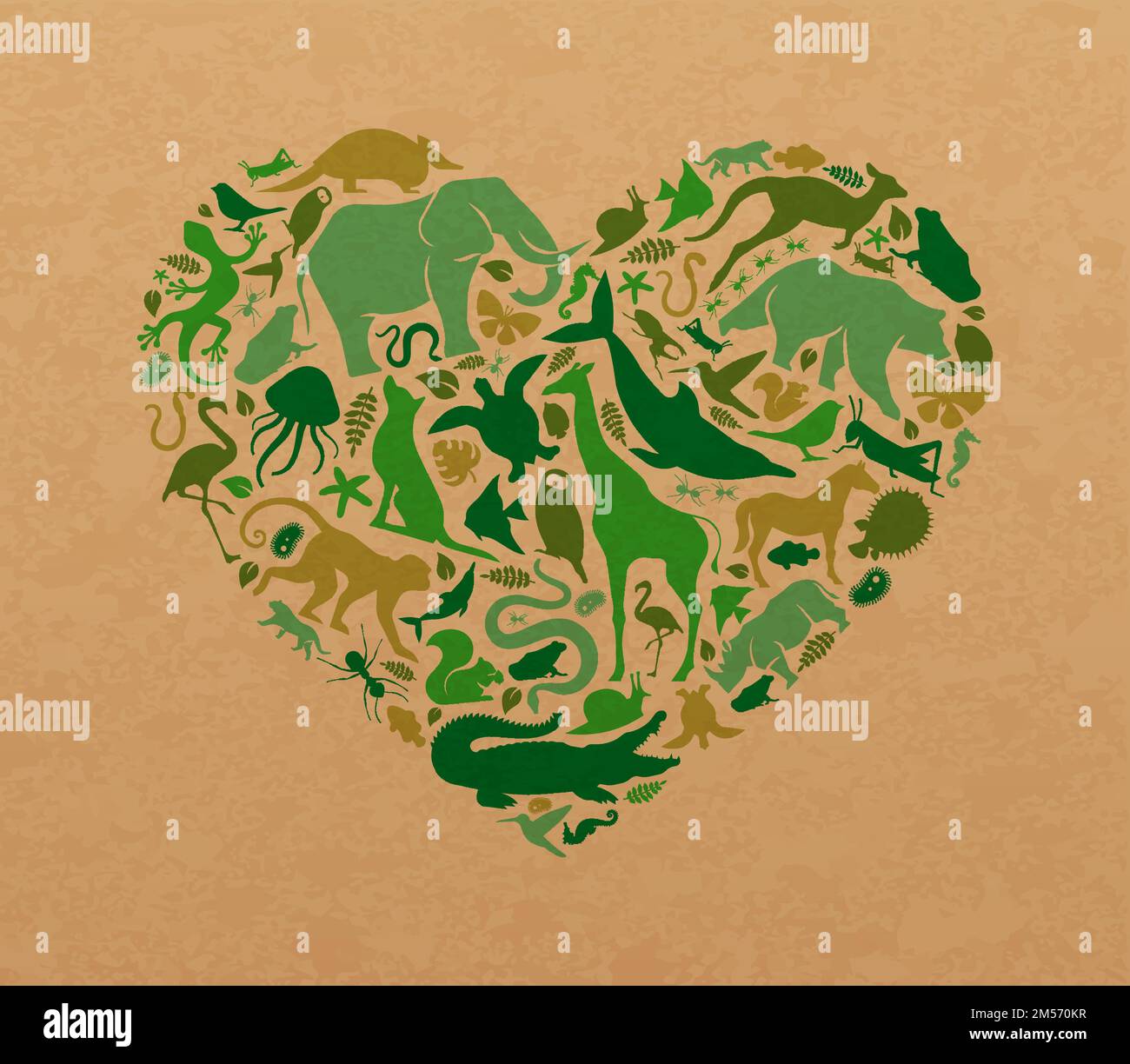 Green animal icon shapes set illustration on recycled paper texture ...