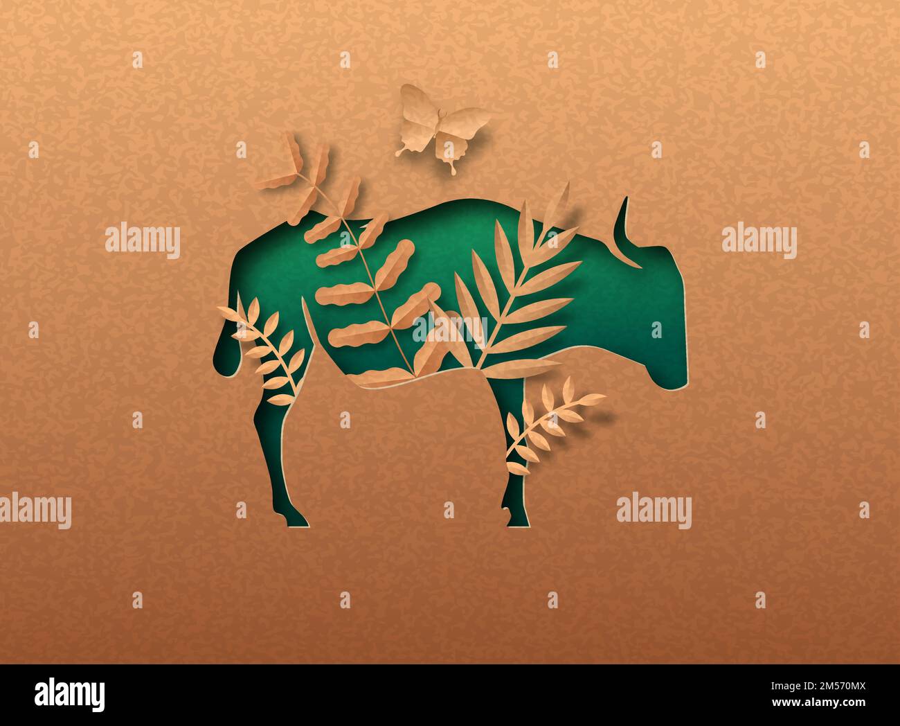 Green wildebeest animal isolated papercut silhouette with tropical ...