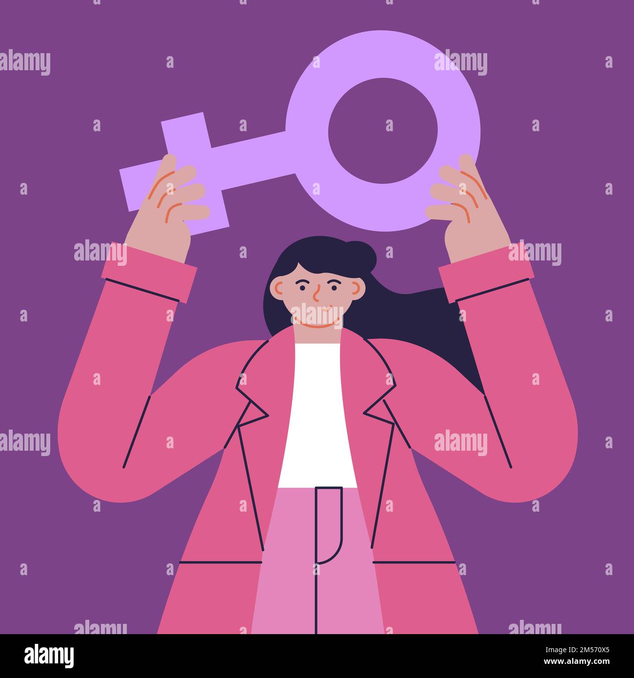 Young woman holding big female symbol up for feminist issues or ...