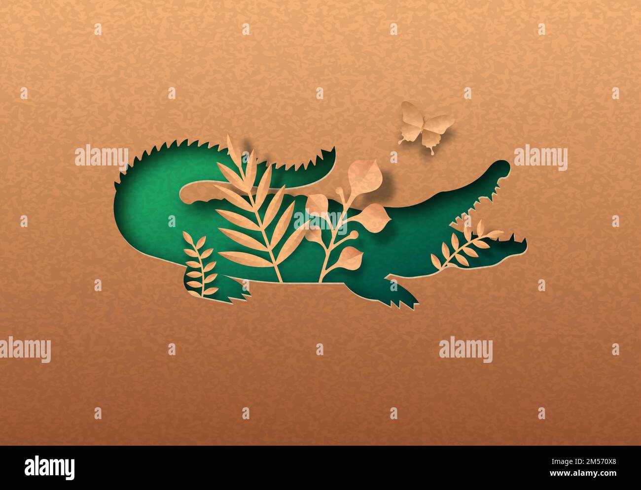 Green crocodile animal isolated papercut silhouette with tropical plant ...