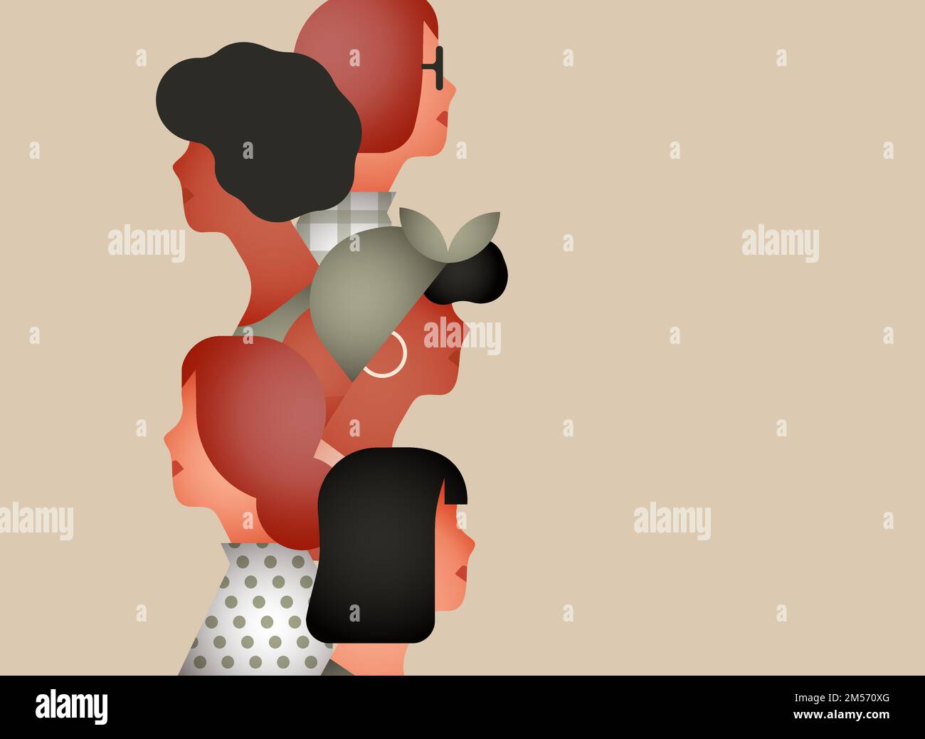 Diverse young women characters together on isolated white background ...