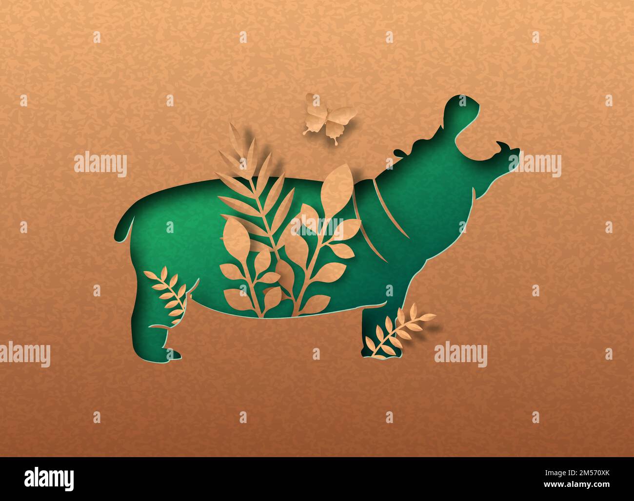 Green hippopotamus animal isolated papercut silhouette with tropical ...