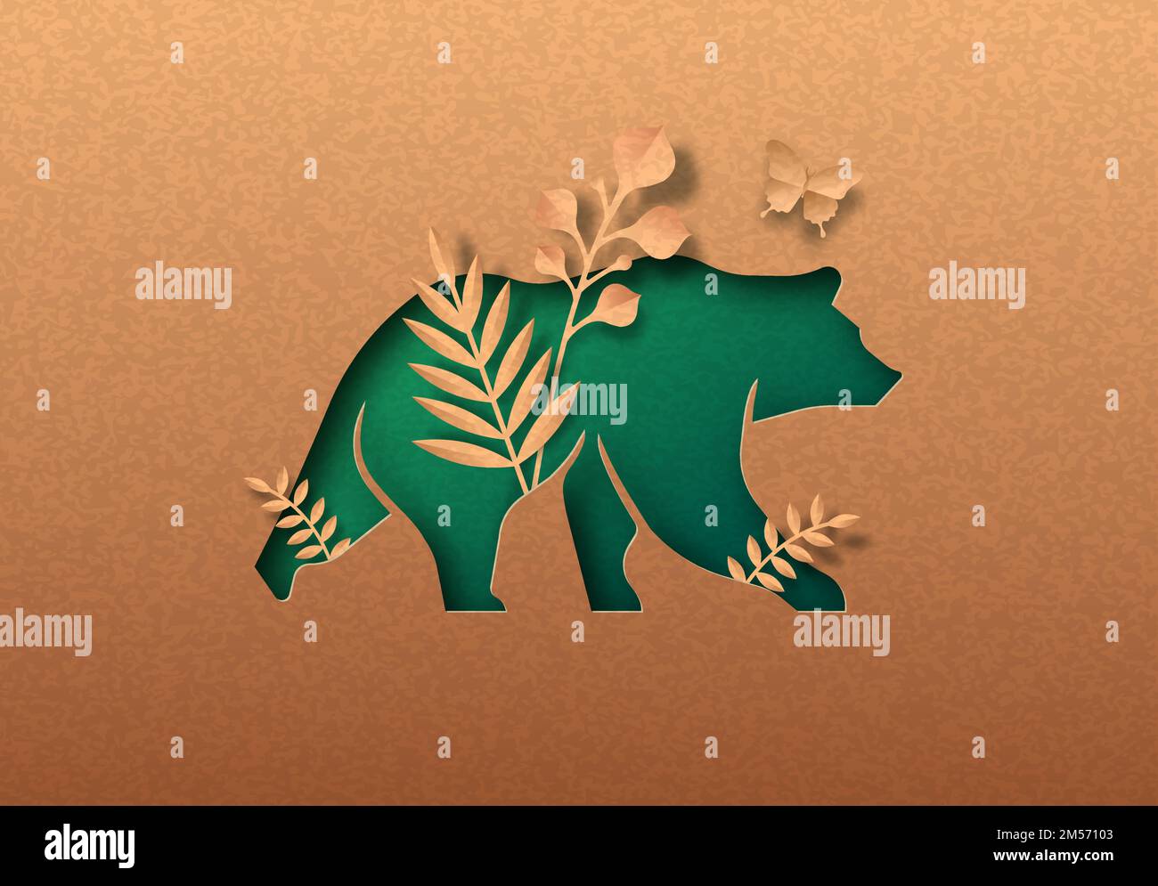 Grizzly bear animal green papercut illustration with tropical plant ...