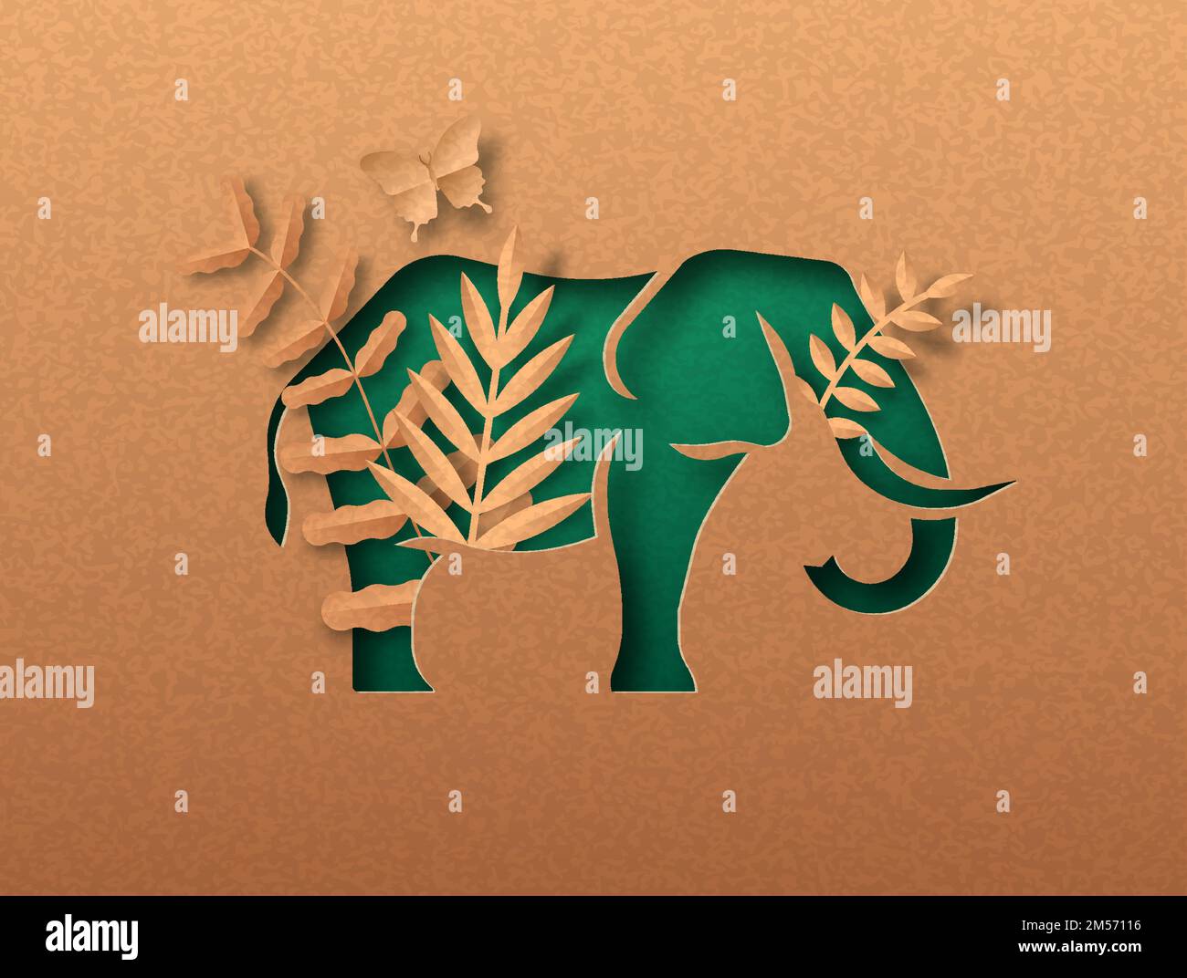 Elephant animal green papercut illustration with tropical plant leaf ...