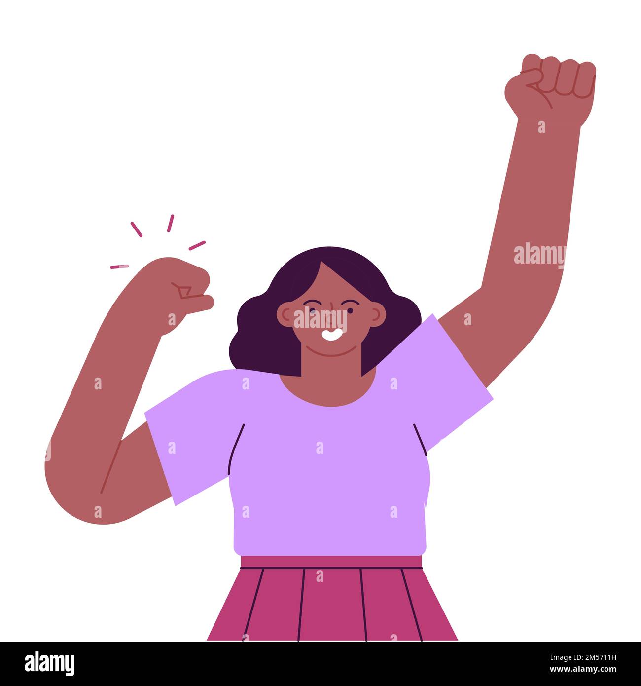 Happy young woman with hands raised up dressed in pink for women rights ...