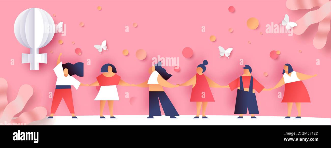 Diverse woman group holding hands together with paper cut female symbol ...