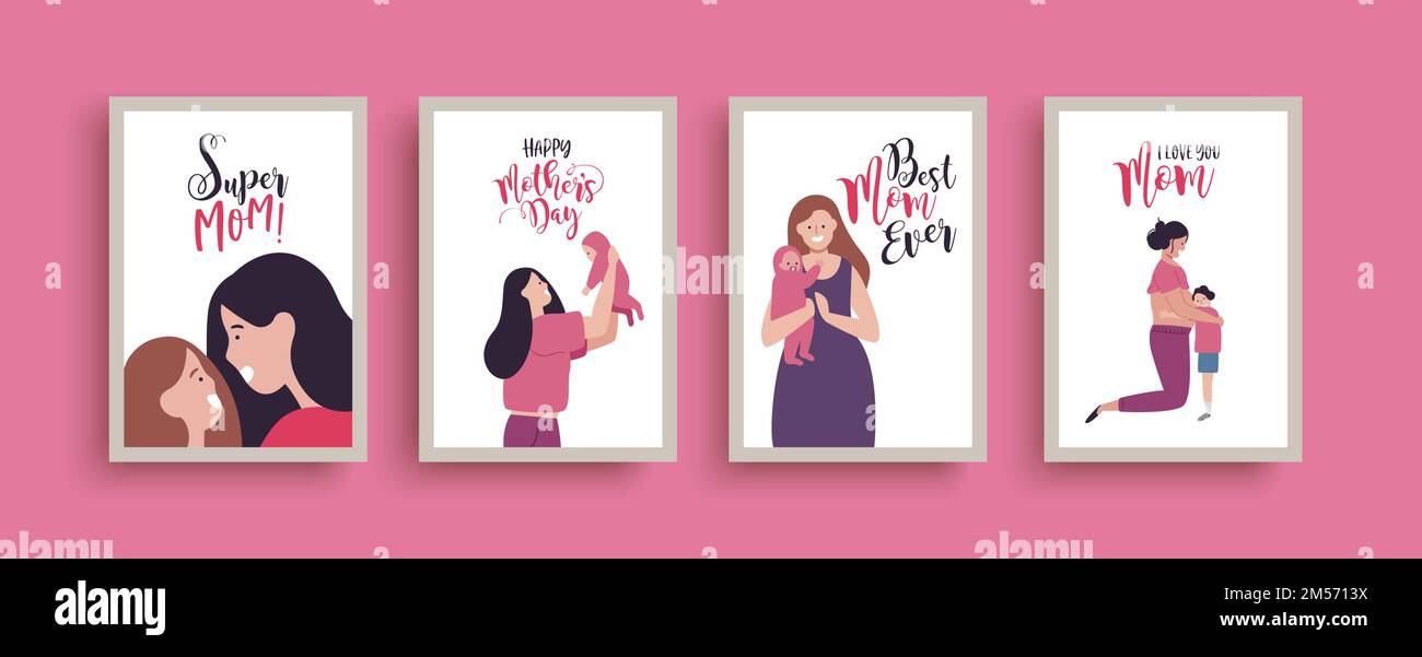 Happy mother's day holiday event greeting card illustration set. Cute ...