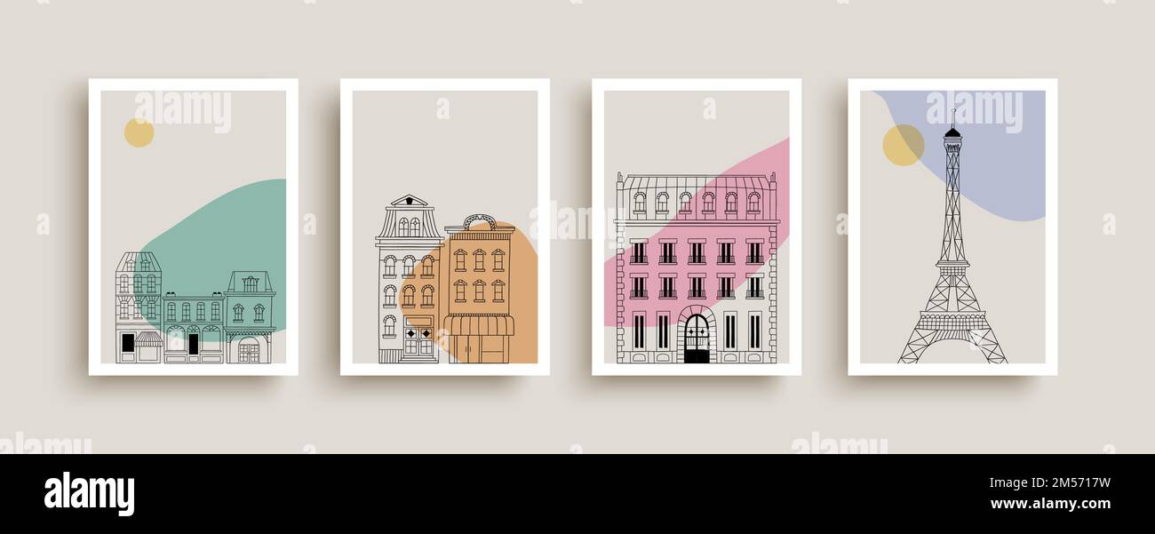 Cute french city houses and eiffel tower doodle illustration collection ...