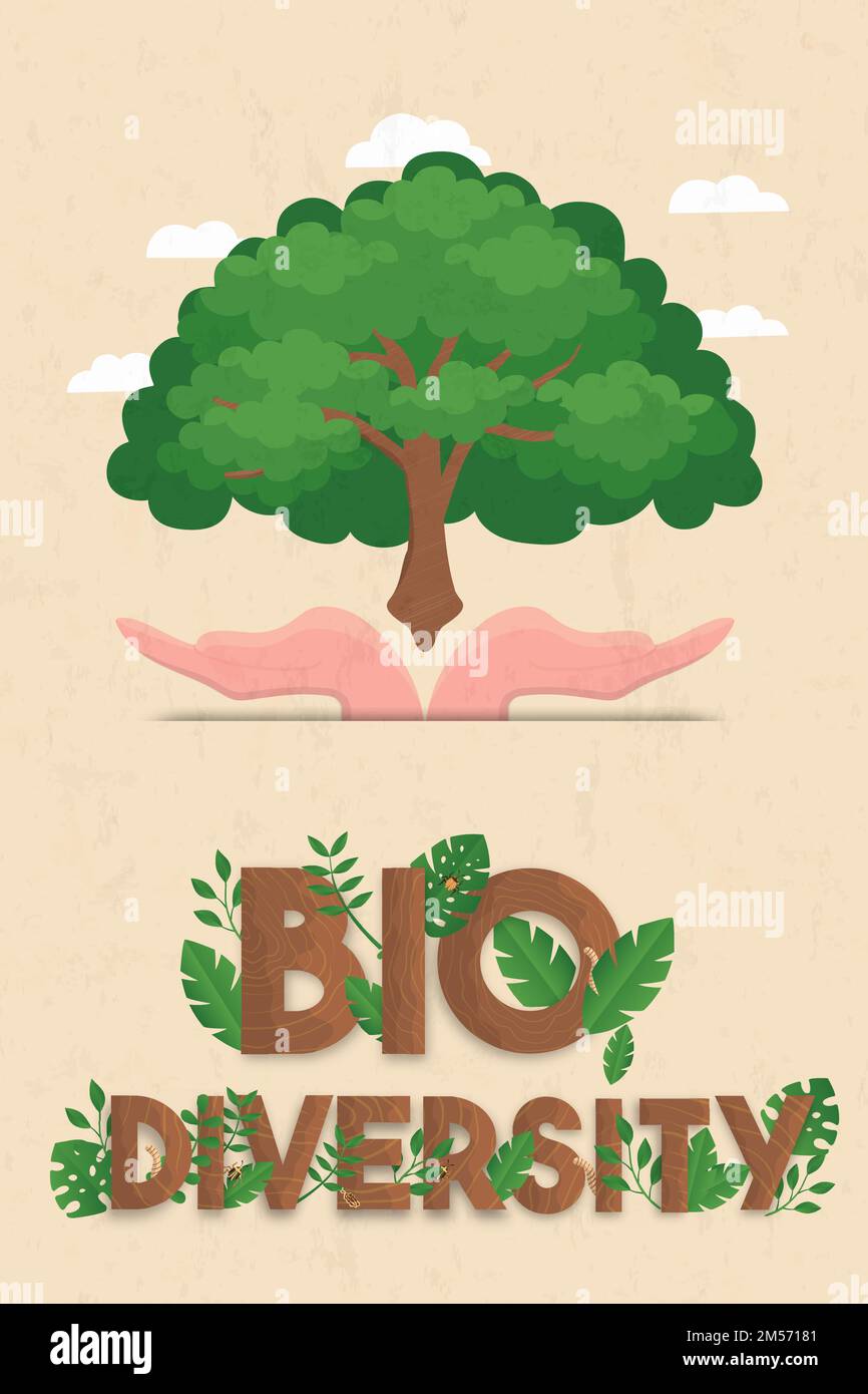 Biodiversity vertical illustration of human hands holding big green ...
