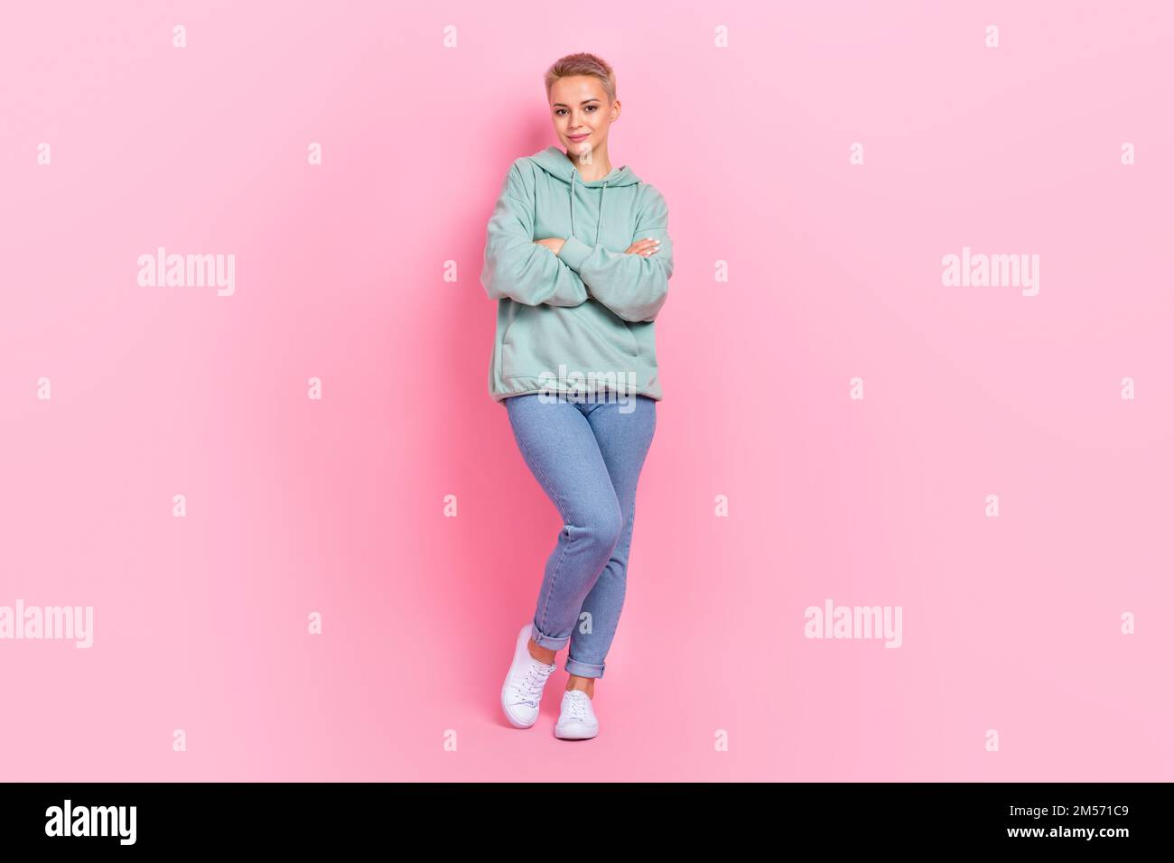 Full body photo of pretty young girl folded arms confident entrepreneur ...