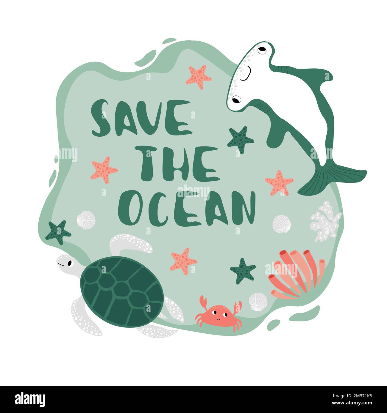 Vector ocean illustration with hammerhead fish,turtle,crab,starfish ...
