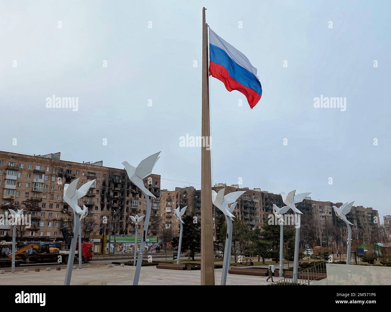Views of Mariupol. Daily life of the city. Genre photography. Installation with birds on poles ...