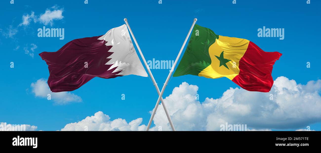 two crossed flags Senegal and Qatar waving in wind at cloudy sky. Concept of relationship ...