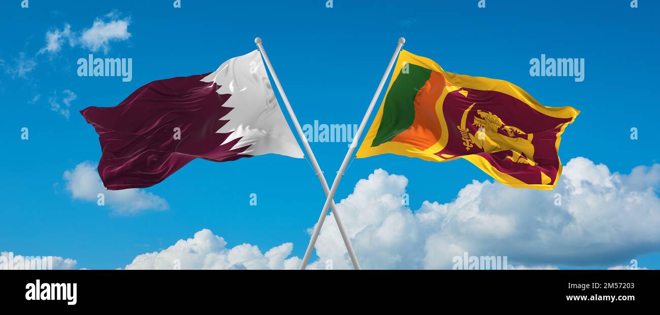 two crossed flags Sri Lanka and Qatar waving in wind at cloudy sky. Concept of relationship ...