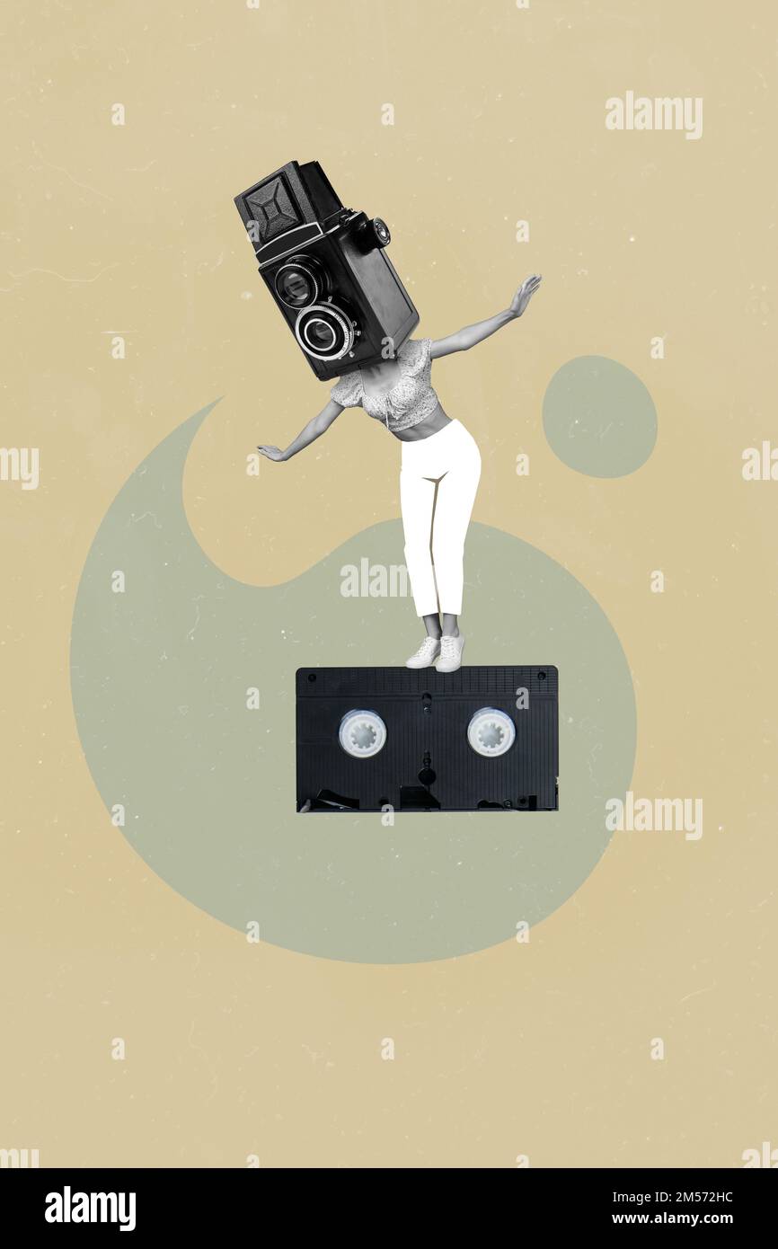 Creative retro 3d magazine collage image of lady retro camera instead ...