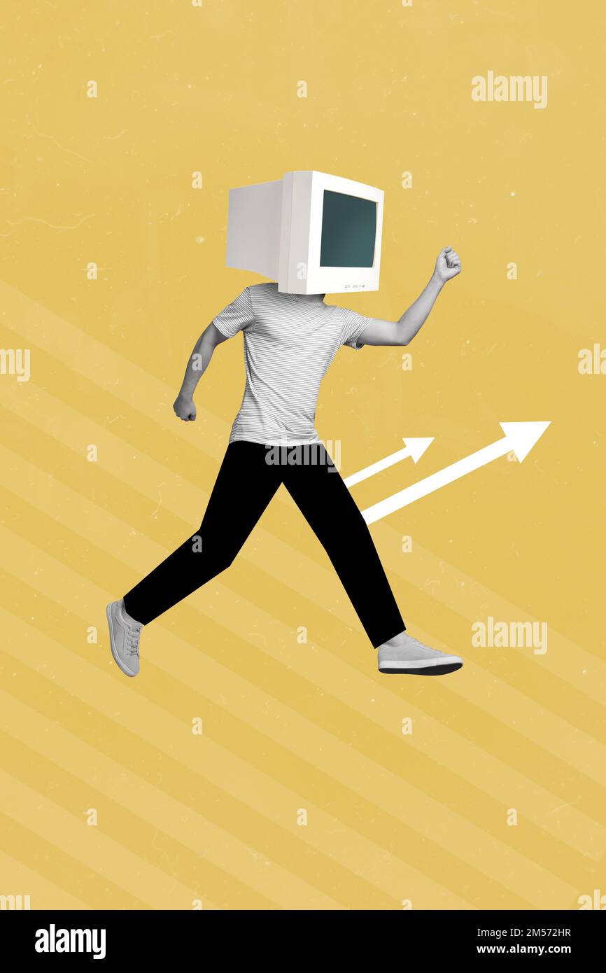 Creative abstract collage template graphics image of guy retro display instead of head running ...