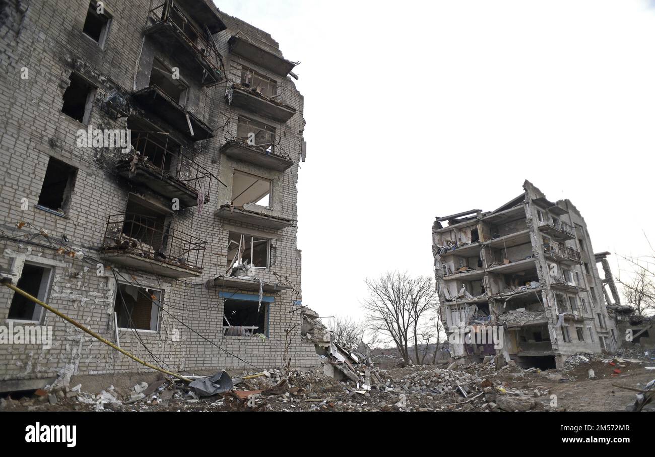 IZIUM, UKRAINE - DECEMBER 25, 2022 - A residential building destroyed ...