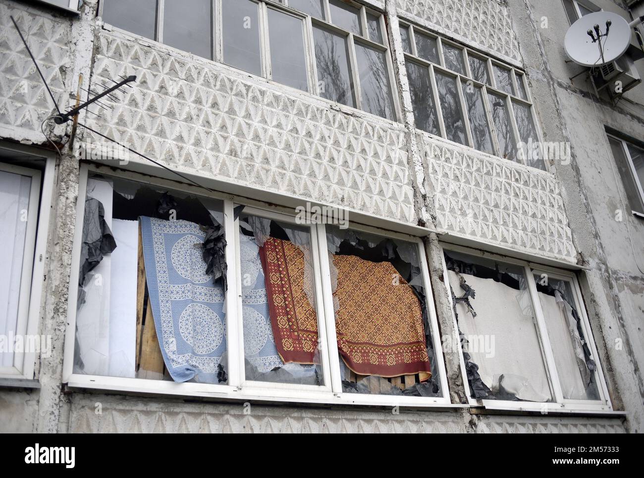 IZIUM, UKRAINE - DECEMBER 25, 2022 - Smashed windows are pictured in ...