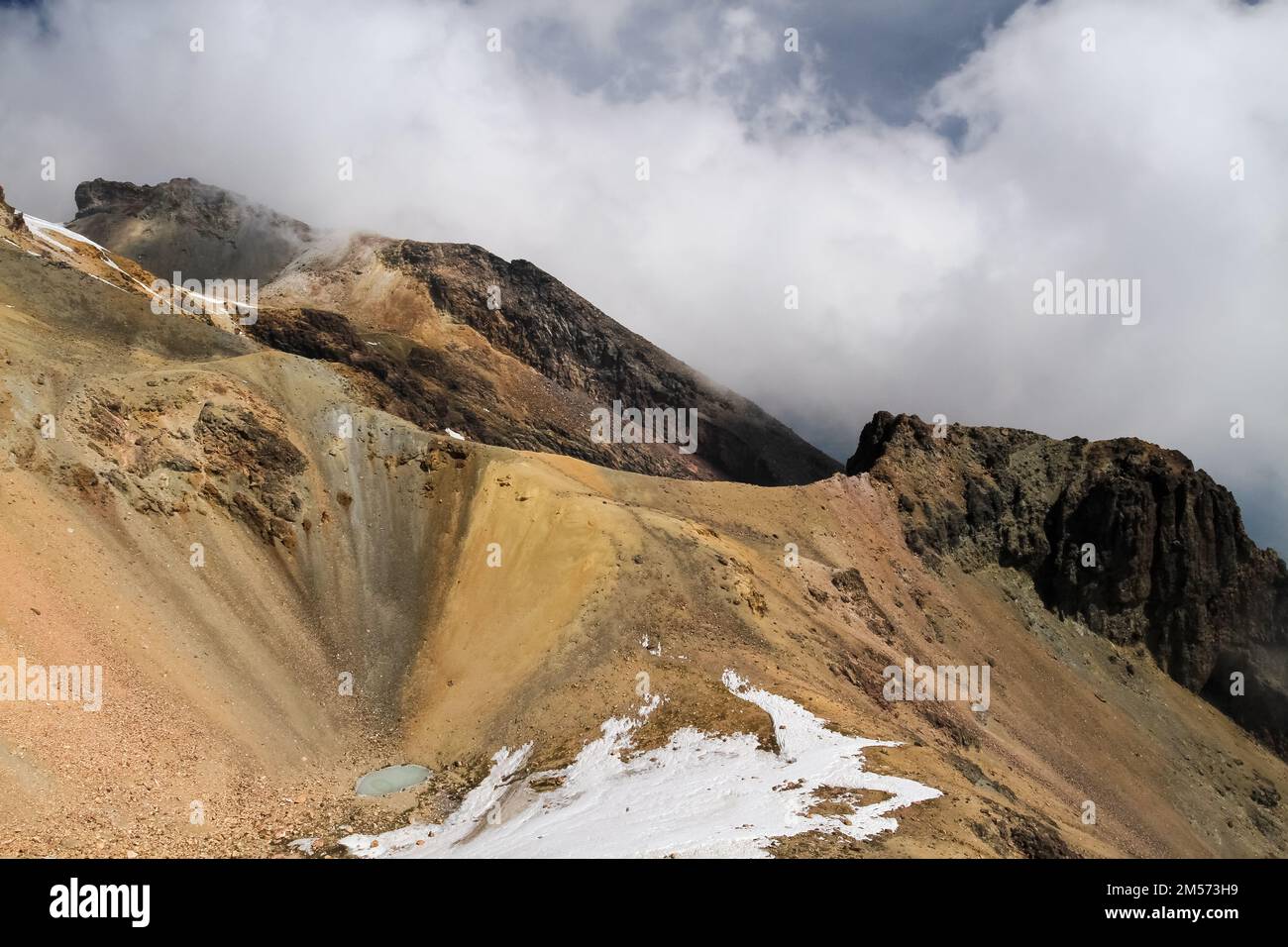 One of craters with a small lake on summit of the Iztaccihuatl volcano ...