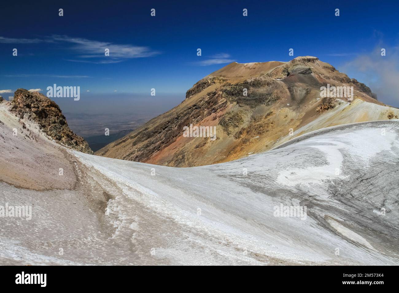 Melting glacier on summit of the Iztaccihuatl volcano above 5000m high ...