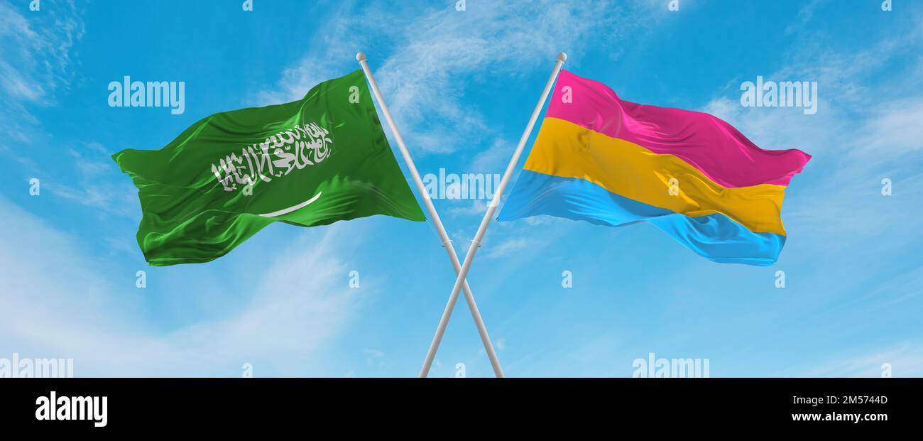 two crossed flags Pansexuality Pride and Saudi Arabia waving in wind at ...