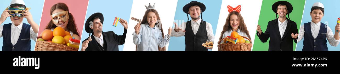 Collage of happy Jewish people on color background. Happy Purim ...