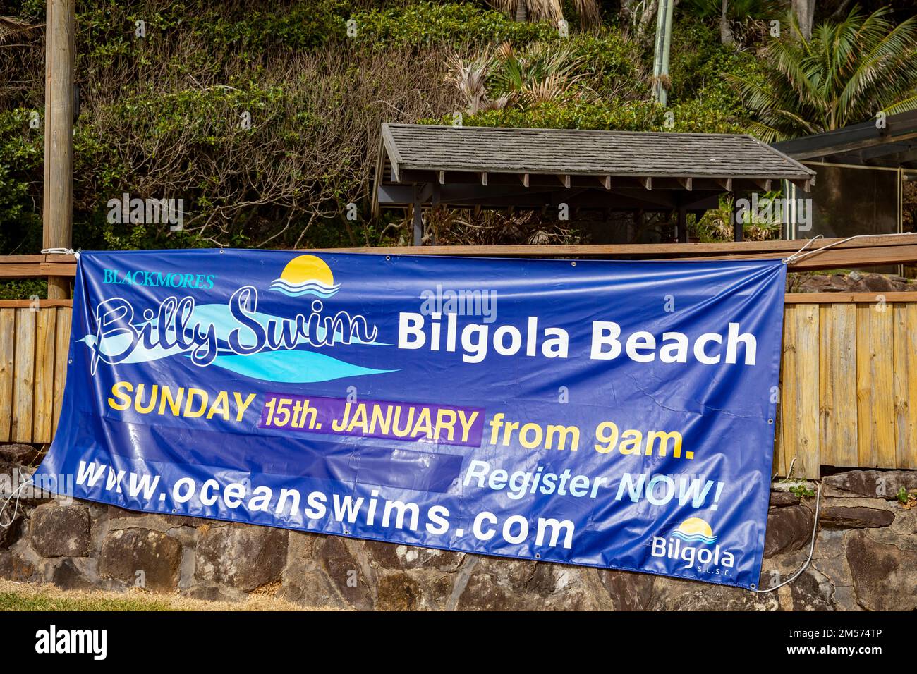 Bilgola Beach ocean swimming race event being promoted on banners ...